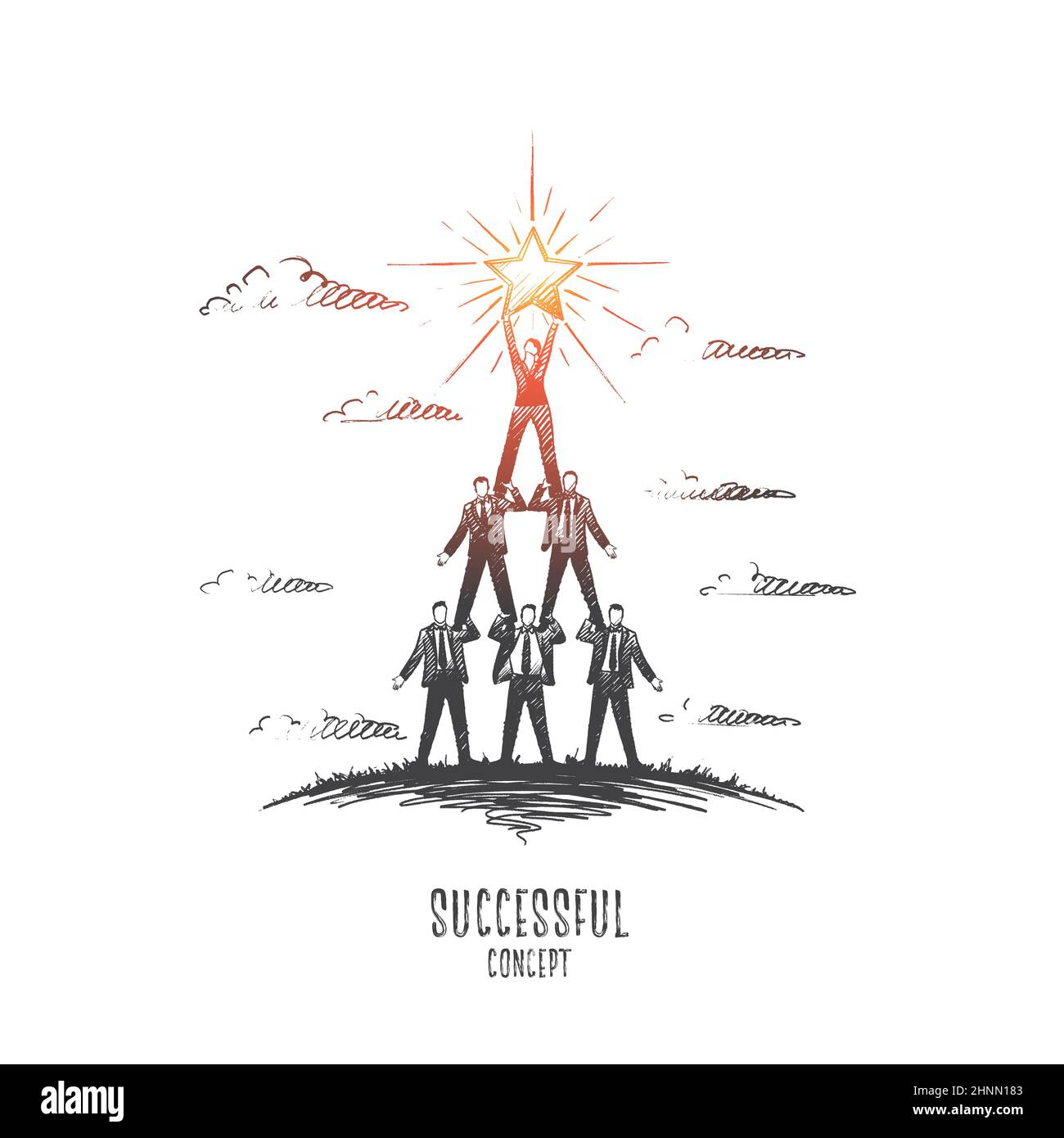 Concept réussi. Pyramide de personnes dessinées à la main. Illustration ...