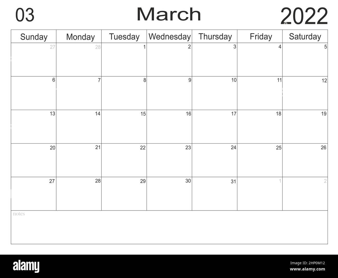 Calendrier du 2022 mars avec une note vierge pour la liste des tâches ...