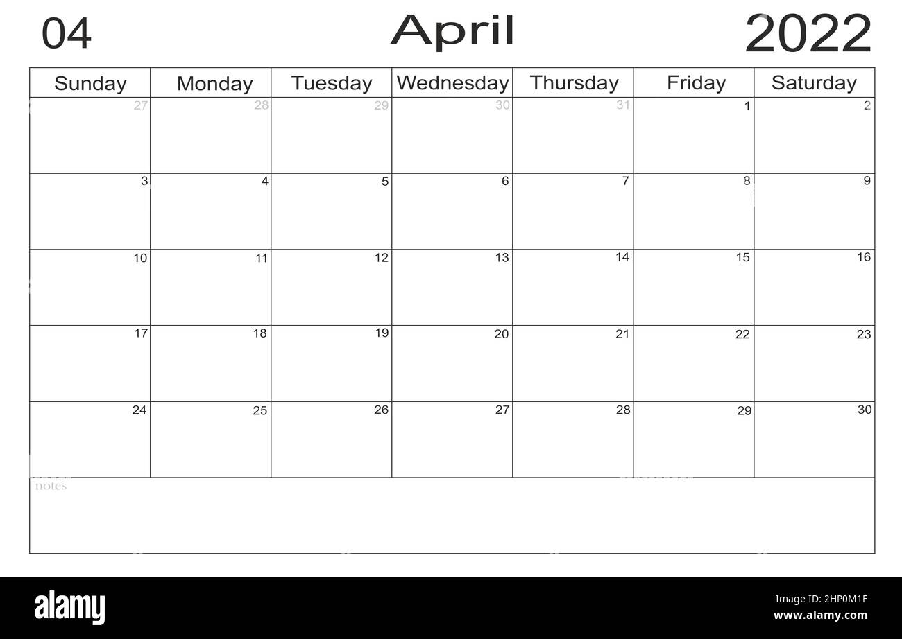 Calendrier avril 2022 calendrier avec note vierge pour la liste des ...