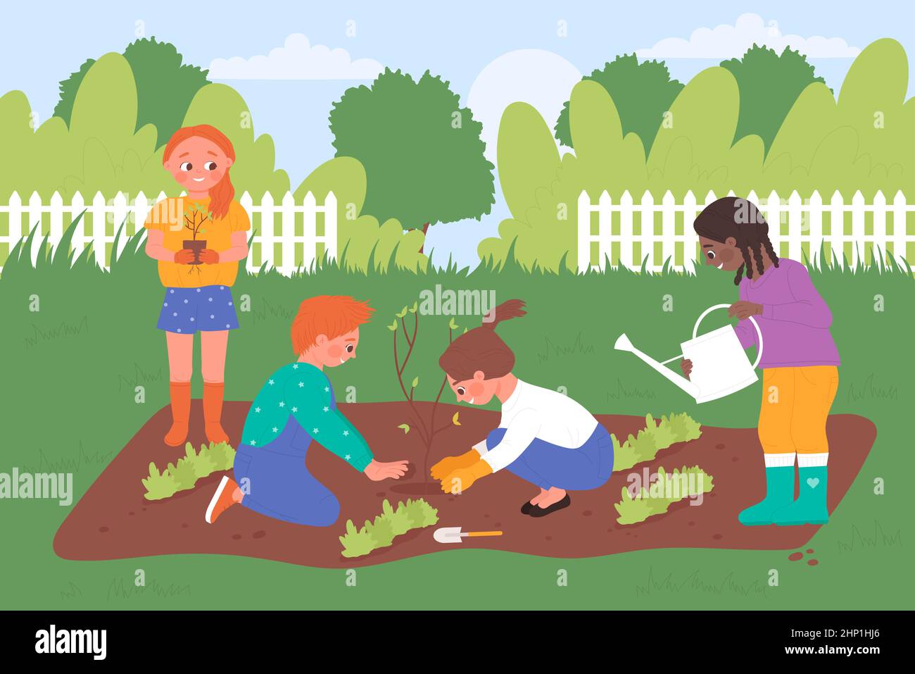 Les enfants plantent ensemble des semis dans le jardin ou dans l ...