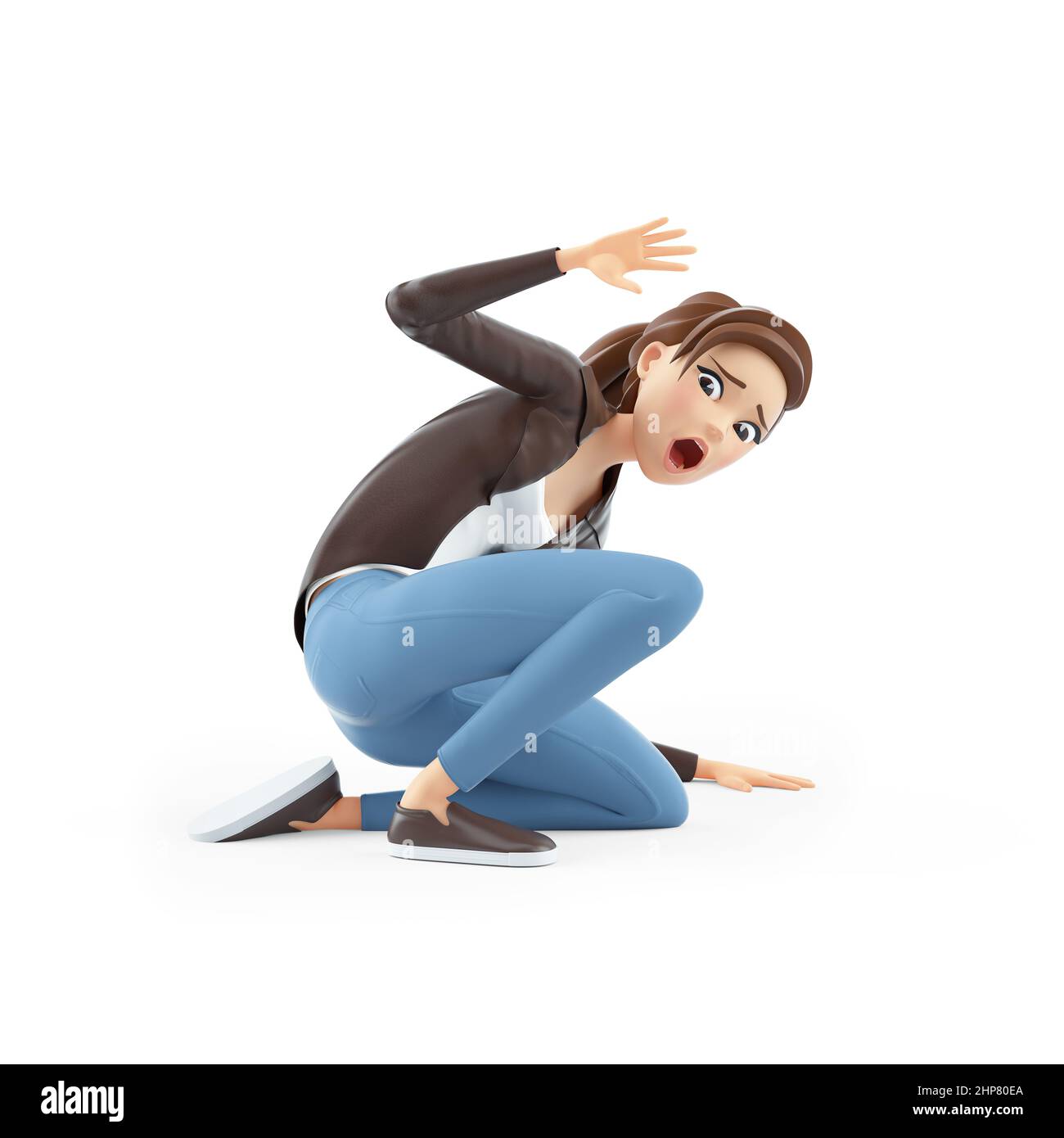 3d Femme De Dessin Animé Effrayée Assise Sur Le Sol Illustration