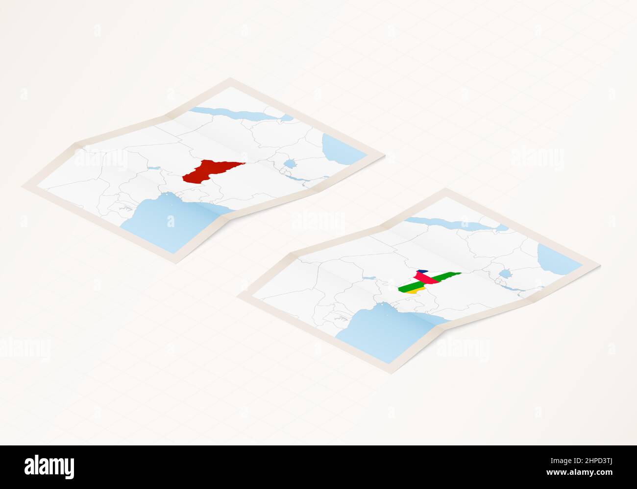 Deux versions d'une carte pliée de la République centrafricaine avec le drapeau du pays de la ...