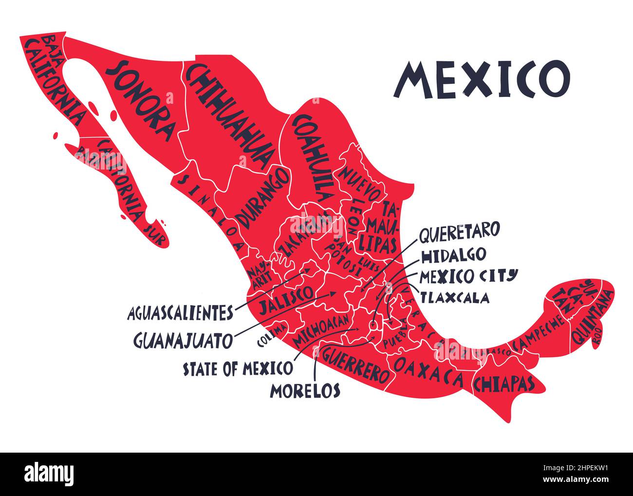 Carte vectorielle stylisée à la main des États du Mexique. Illustration ...