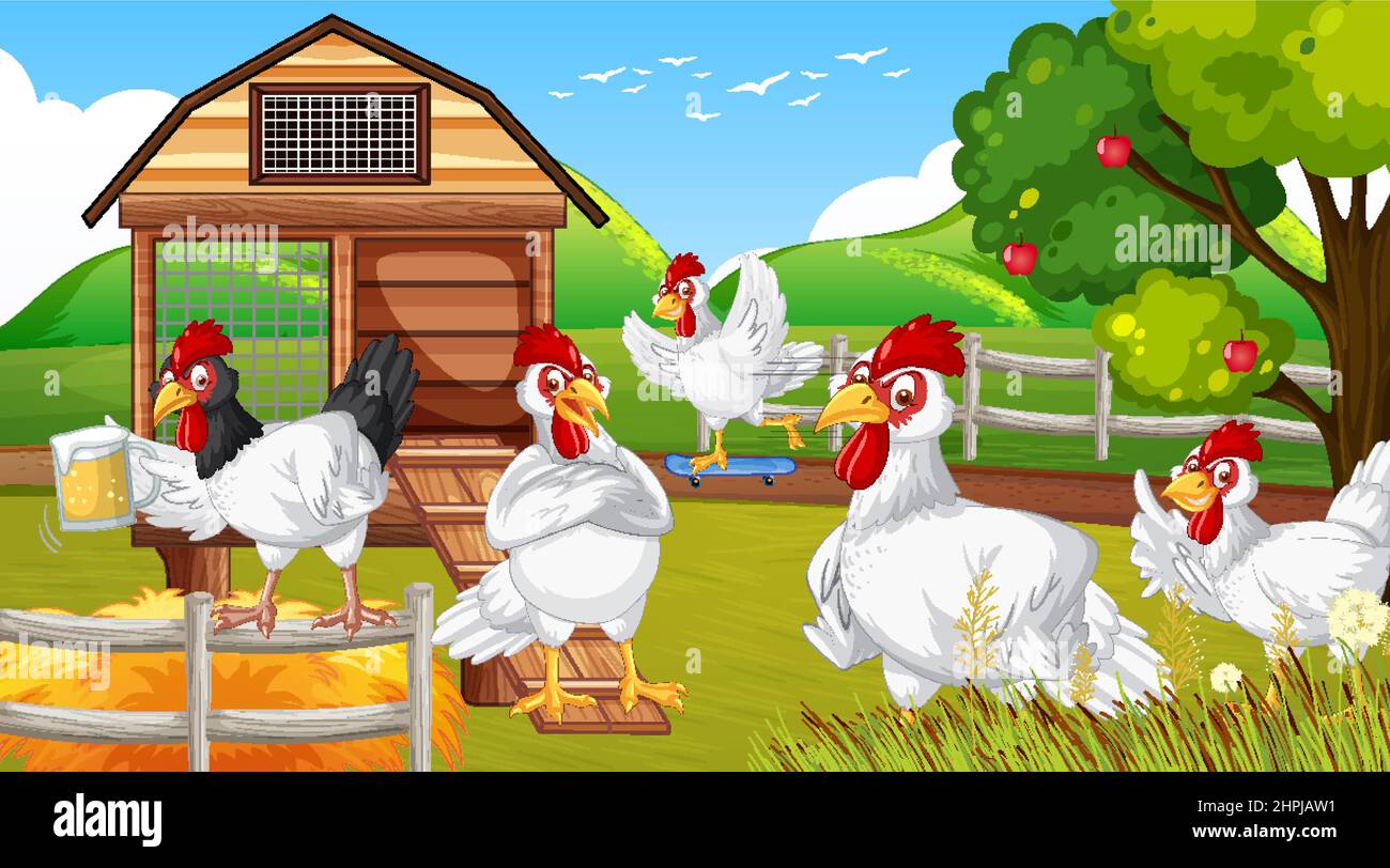 Dessin de personnages de dessin animé de poules dans la nature ...