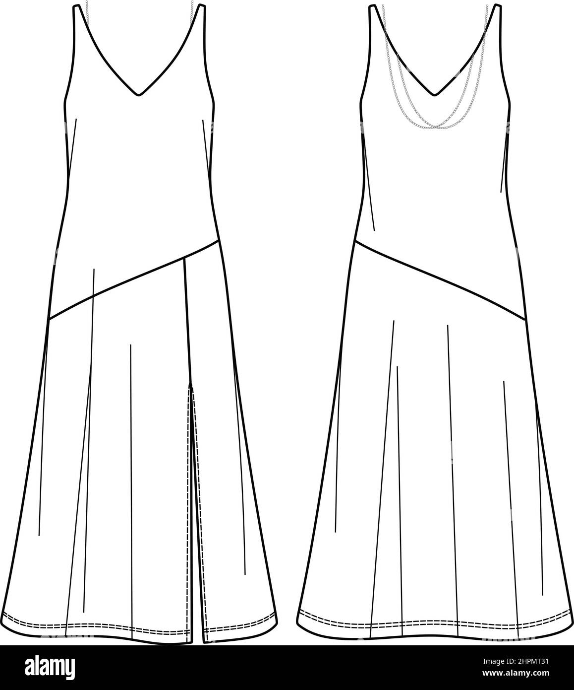 Robe longue vectorielle avec fente avant dessin technique, robe longue ...