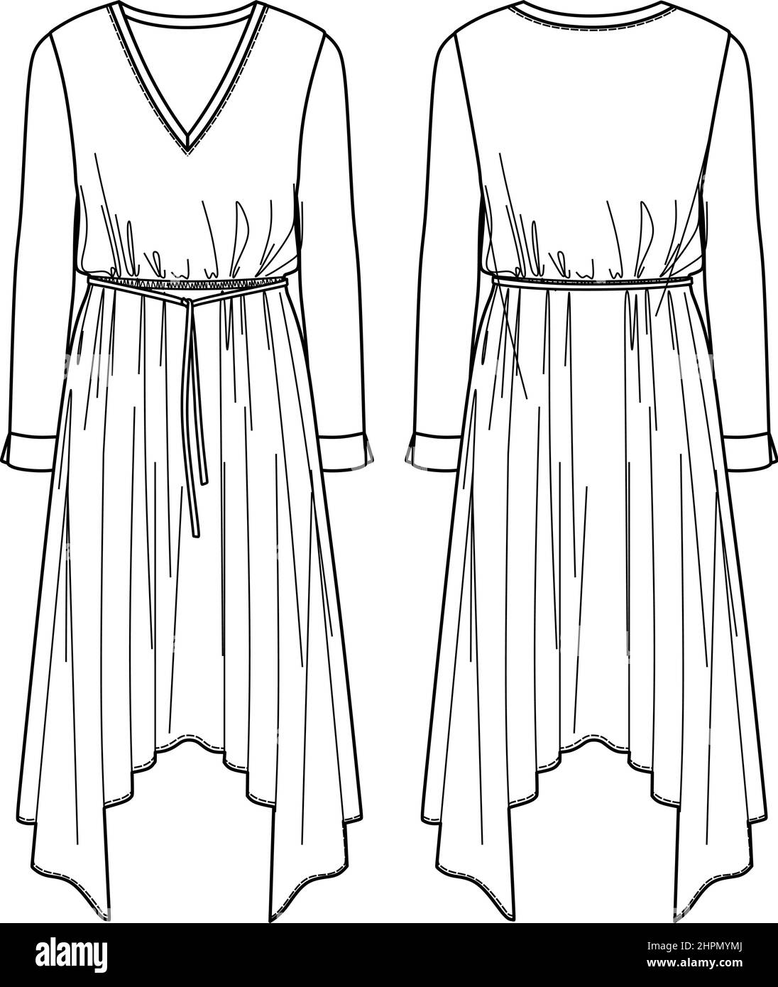 Robe vectorielle à manches longues avec ourlet asymétrique de mode CAD ...
