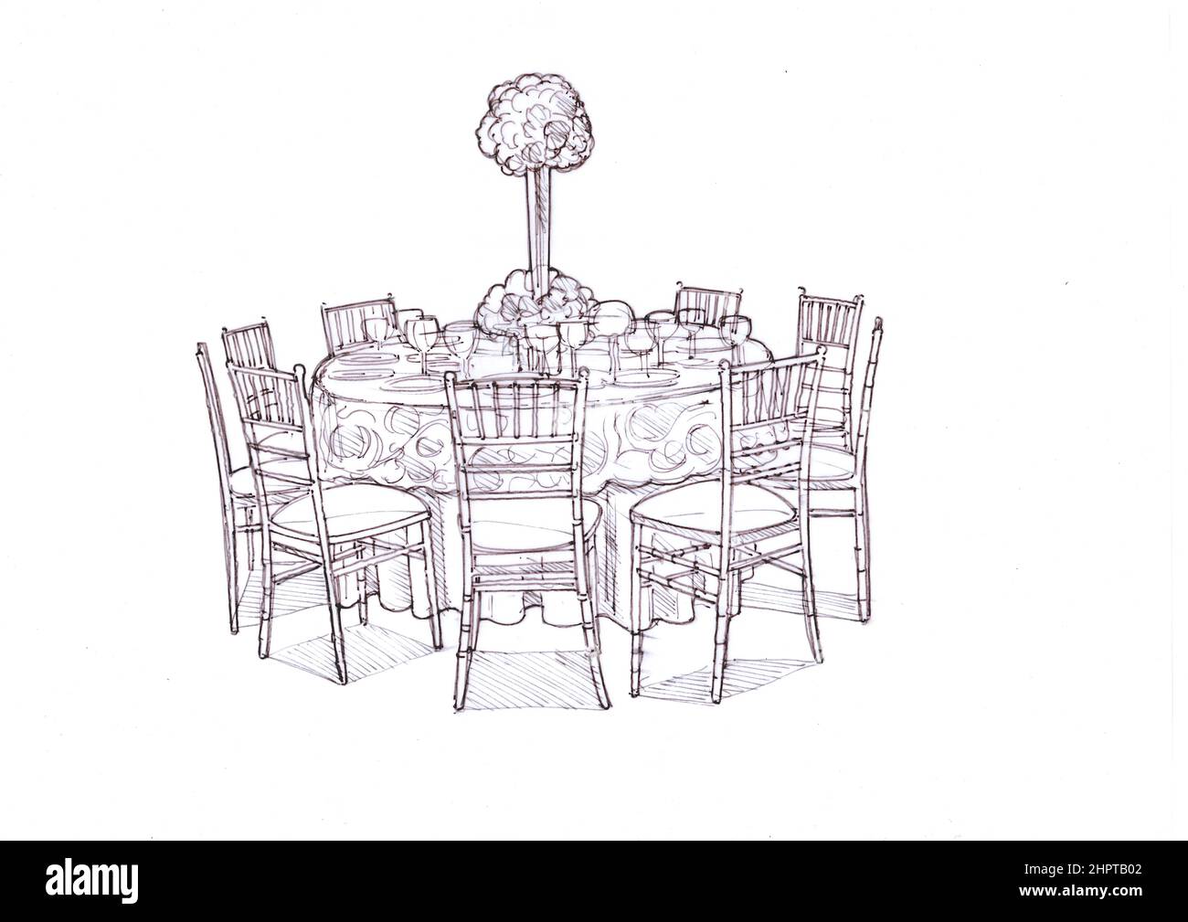 Croquis pour une table ronde avec huit chaises habillées pour une ...
