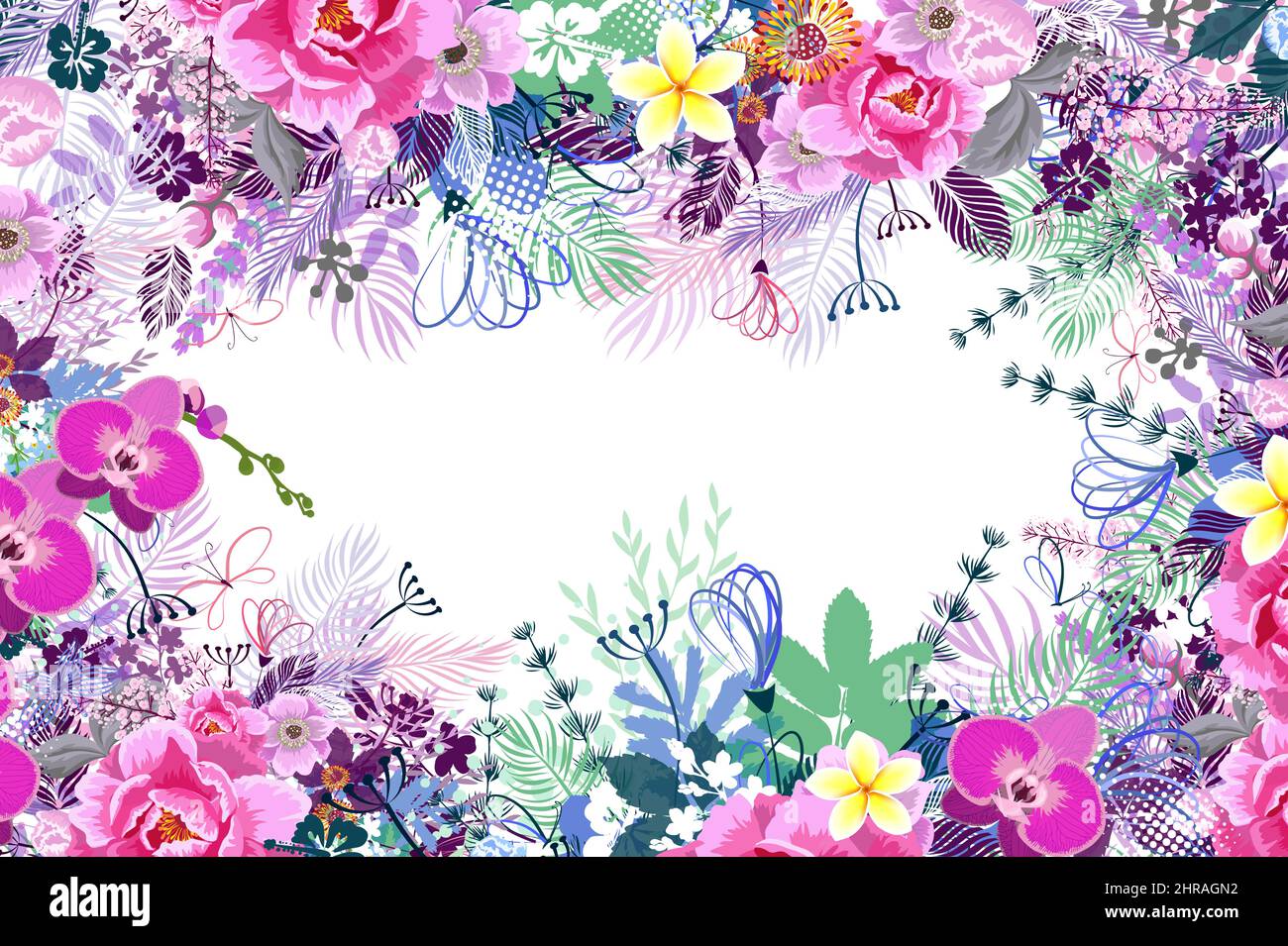 Bordure de cadre colorée avec différentes fleurs de prairie. Arrière ...