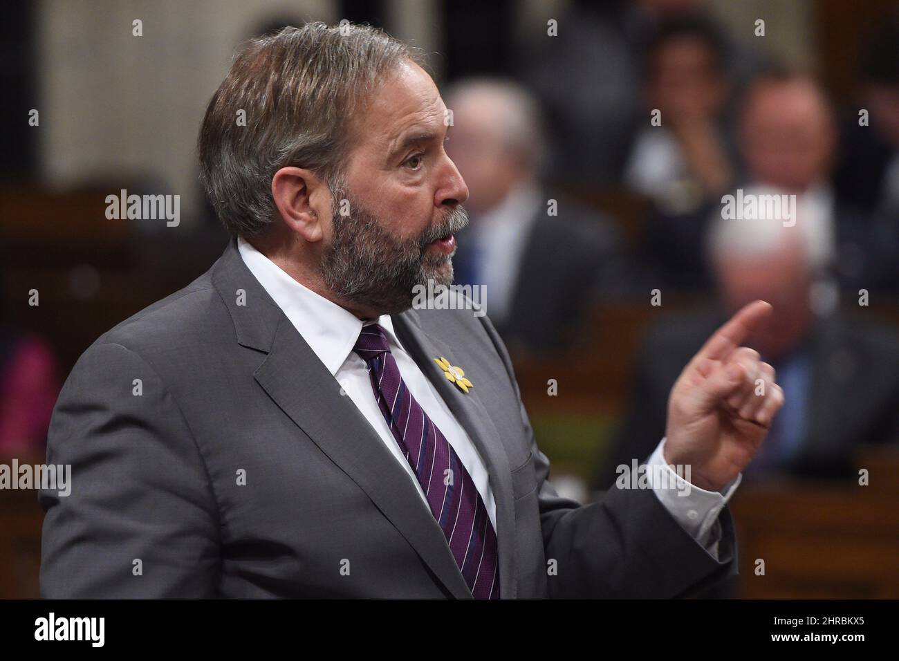 Le chef du NPD, Tom Mulcair, pose une question pendant la période des ...