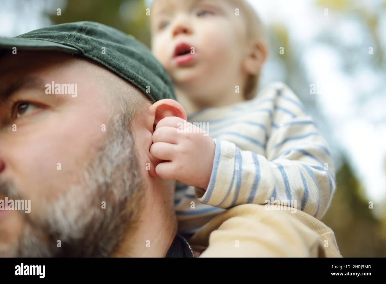 Mignon petit garçon drôle et son père randonnée dans les bois. Papa et ...
