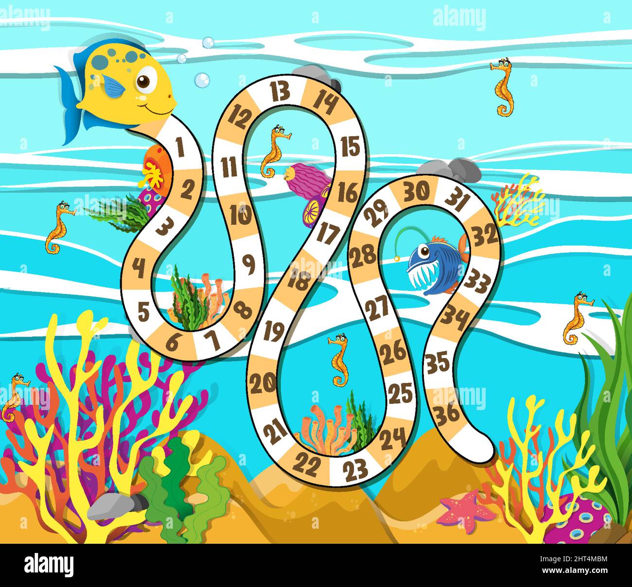 Modèle de jeu Snake et ladders avec illustration de thème sous-marin ...