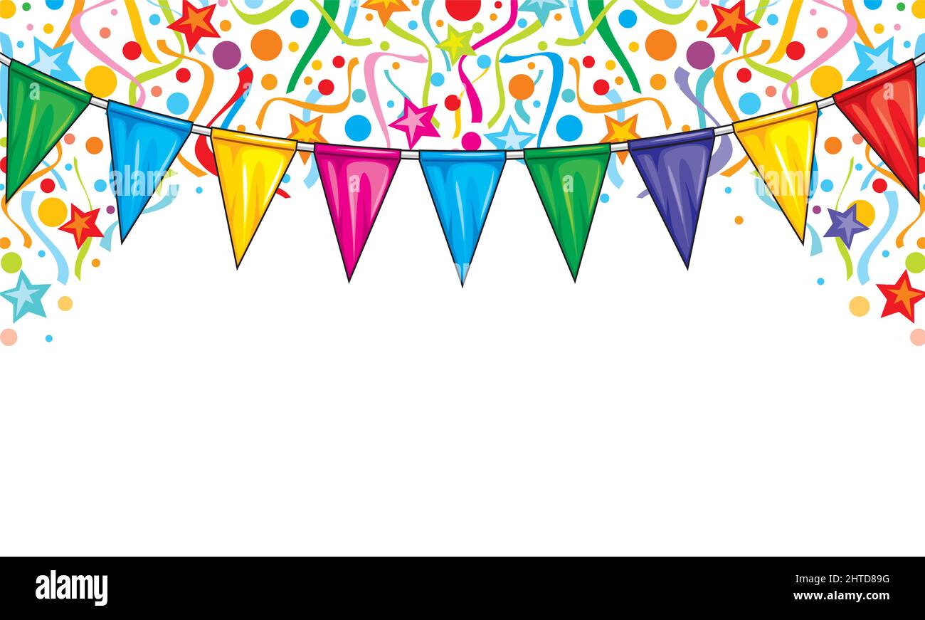 Décor d'arrière-plan avec banderoles, confetti et drapeaux de fête ...