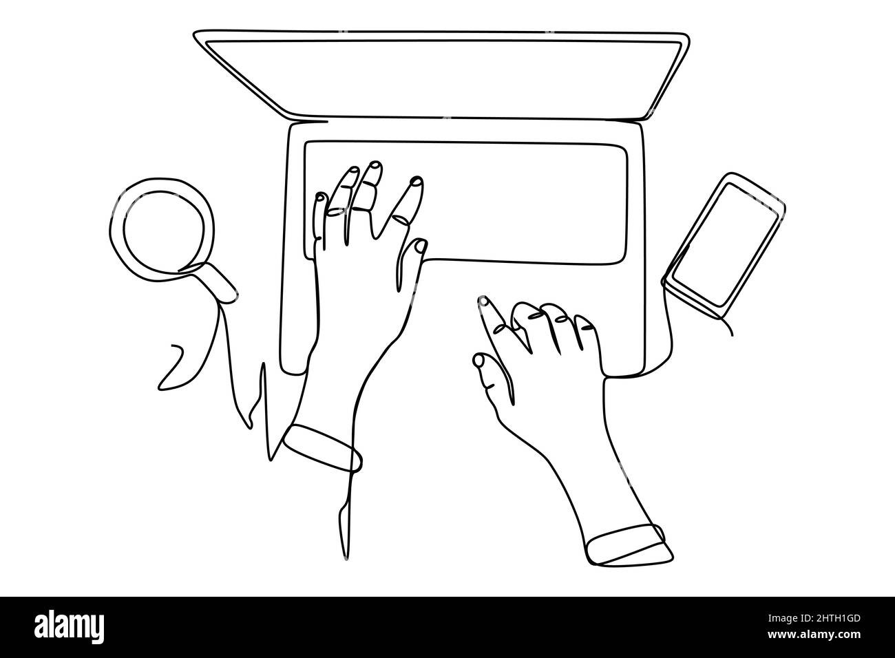 Dessin d'une seule ligne continue d'une personne jouant ou travaillant avec un téléphone ou un ...