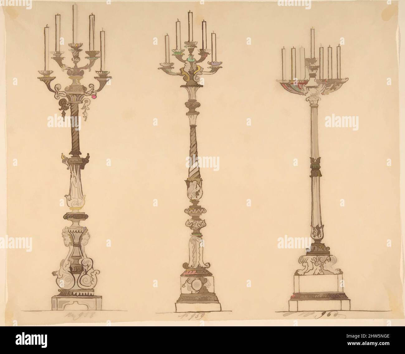 Art inspiré par les dessins pour trois candélabres, 19th siècle, encre ...