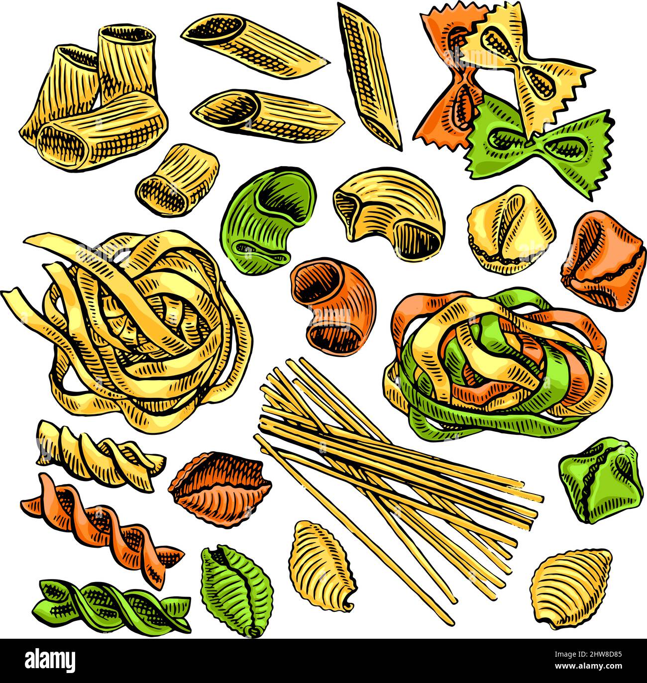 ensemble mignon de différents types de pâtes. illustration dessinée à ...