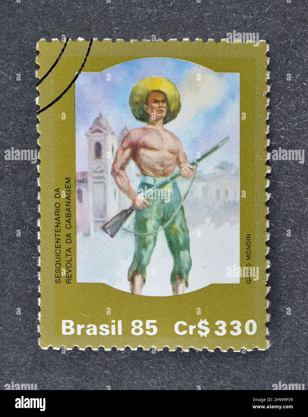 Timbre-poste annulé imprimé par le Brésil, qui montre Farmer avec le ...