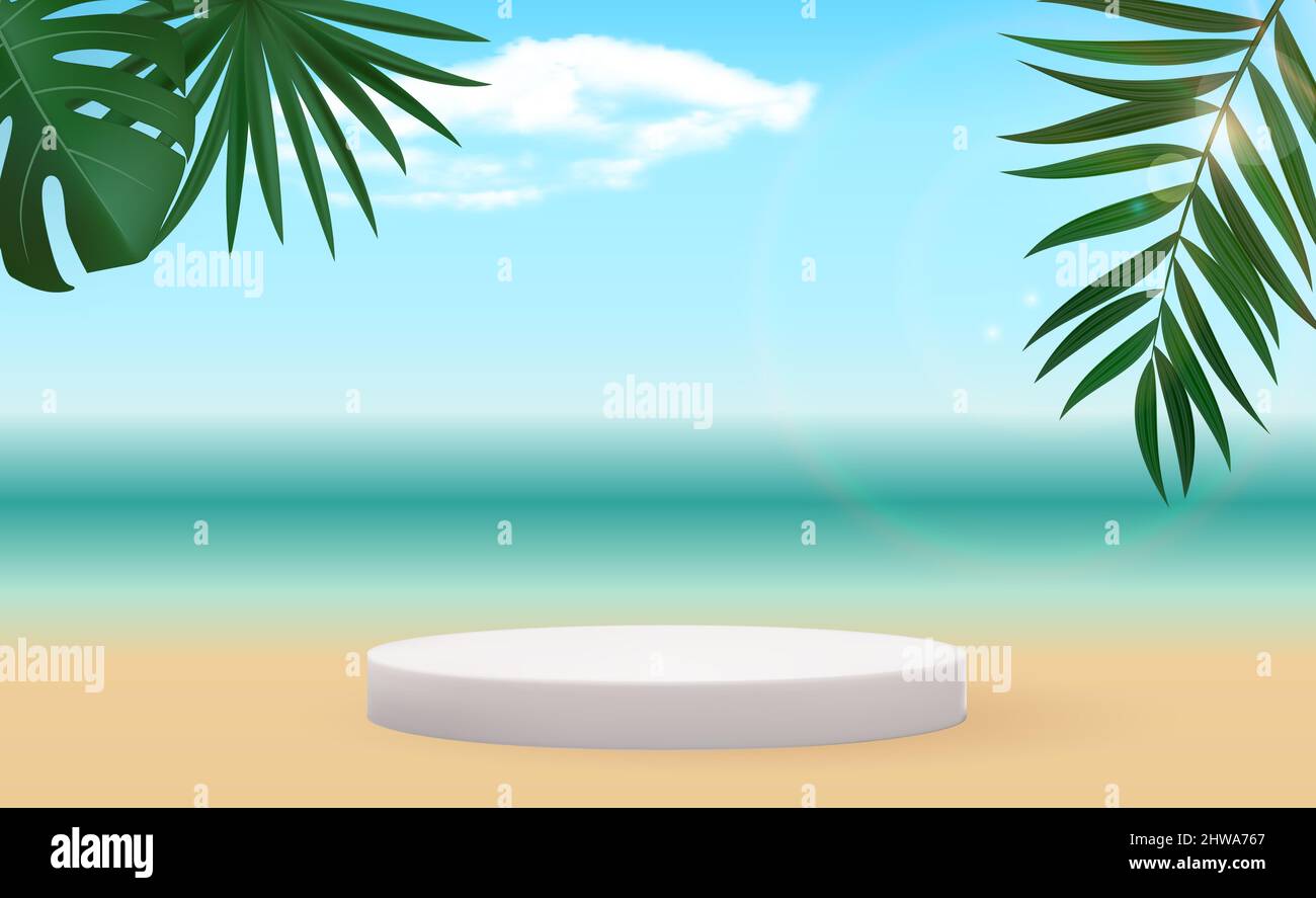 Socle réaliste 3D sur fond ensoleillé avec feuille de palmier ...
