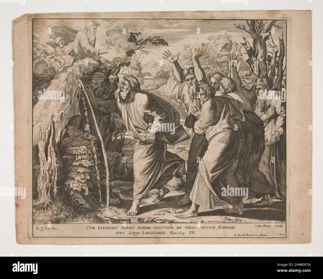 Moïse tire l'eau du Rocher. Graveur : Caesare Fantaetti, italien, 1650 ...
