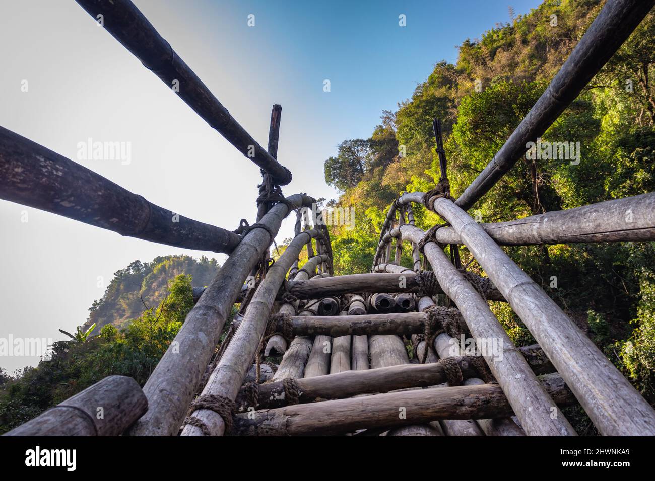 Pont traditionnel en bambou pour traverser la rivière en forêt le matin ...