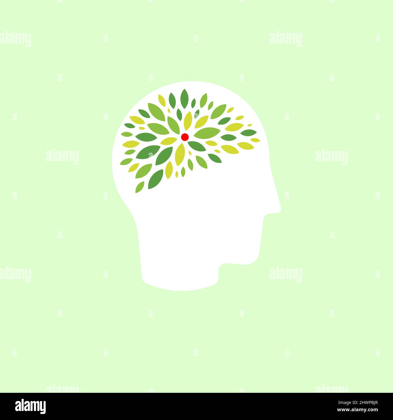 Vert feuilles cerveau, silhouette de la tête humaine. Le symbole du ...