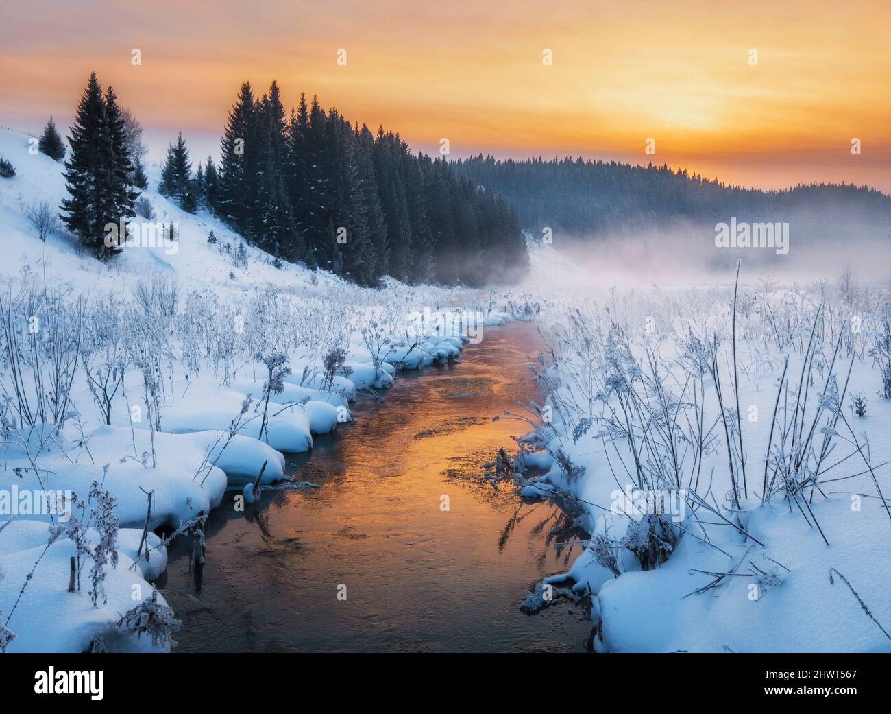Paysage rivière hiver vue saisonnière eau neige forêt dans les ...
