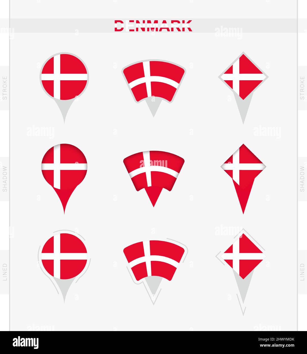 Drapeau du Danemark, ensemble d'icônes de localisation du drapeau du ...