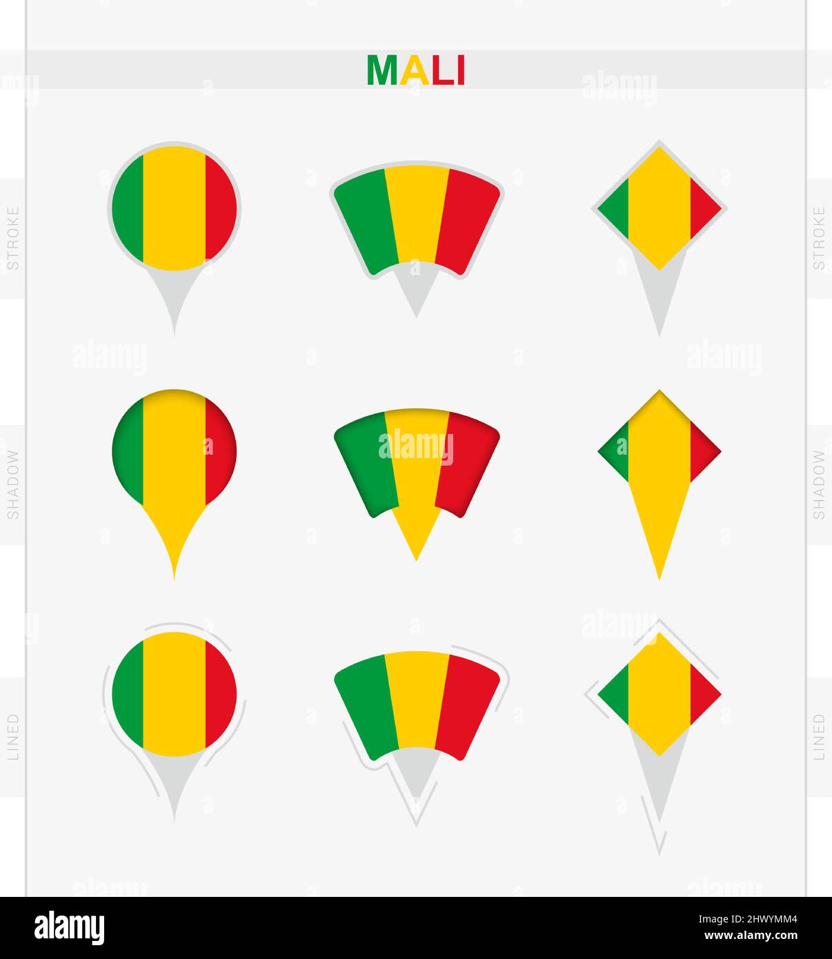 Drapeau du Mali, ensemble d'icônes de broche de localisation du drapeau ...