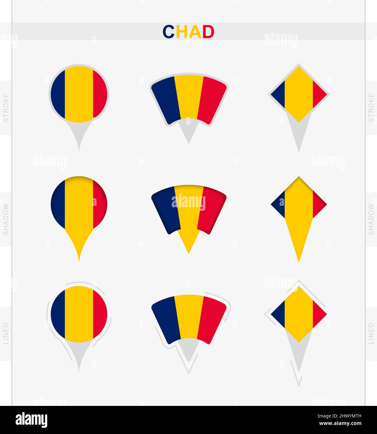 Drapeau du Tchad, ensemble d'icônes de broche d'emplacement du drapeau ...