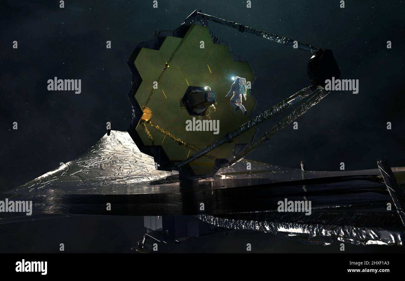 Les astronautes examinent le télescope James Webb. Lancement de JWST ...