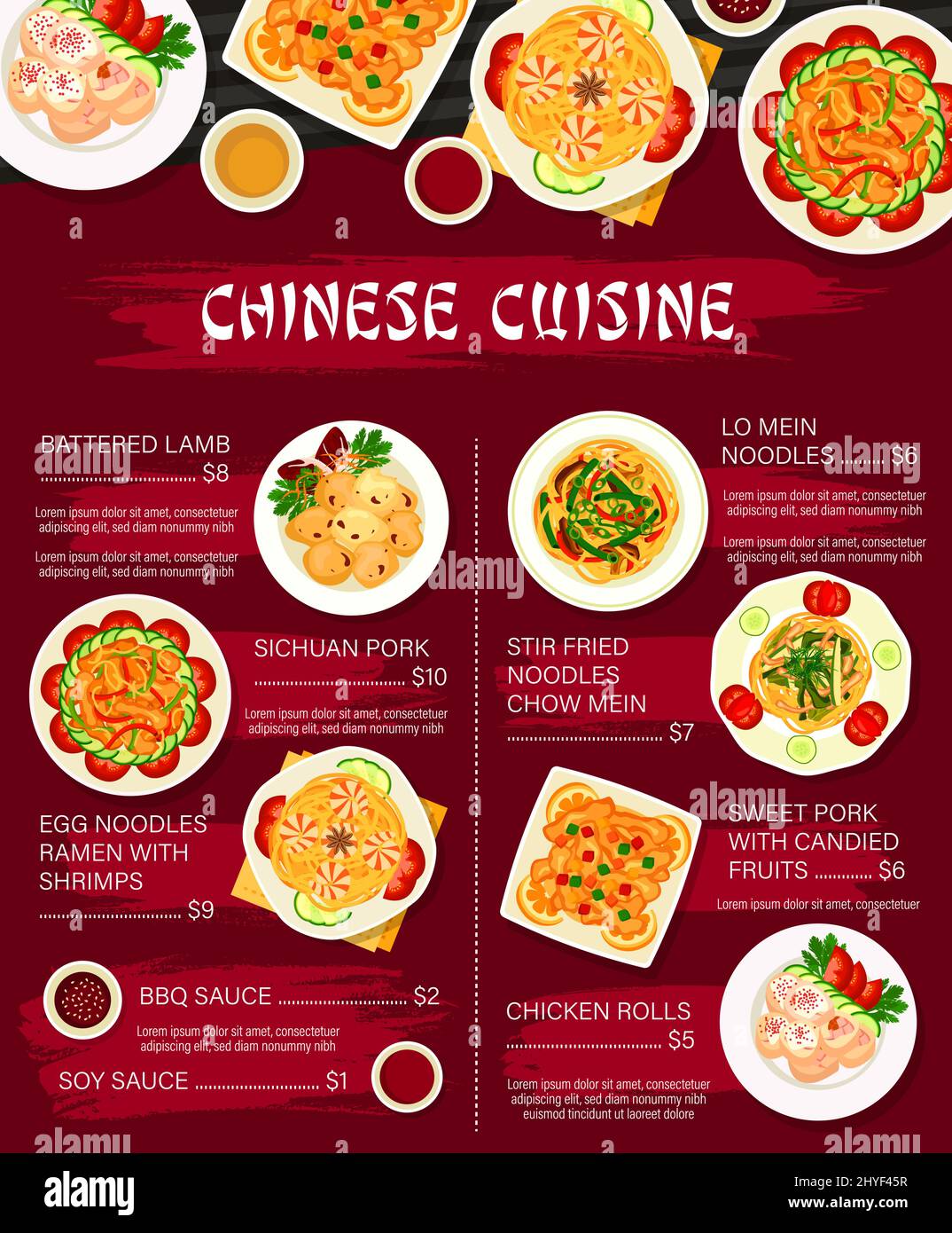 Menu chinois, plats et repas asiatiques, restaurant Vector China ...