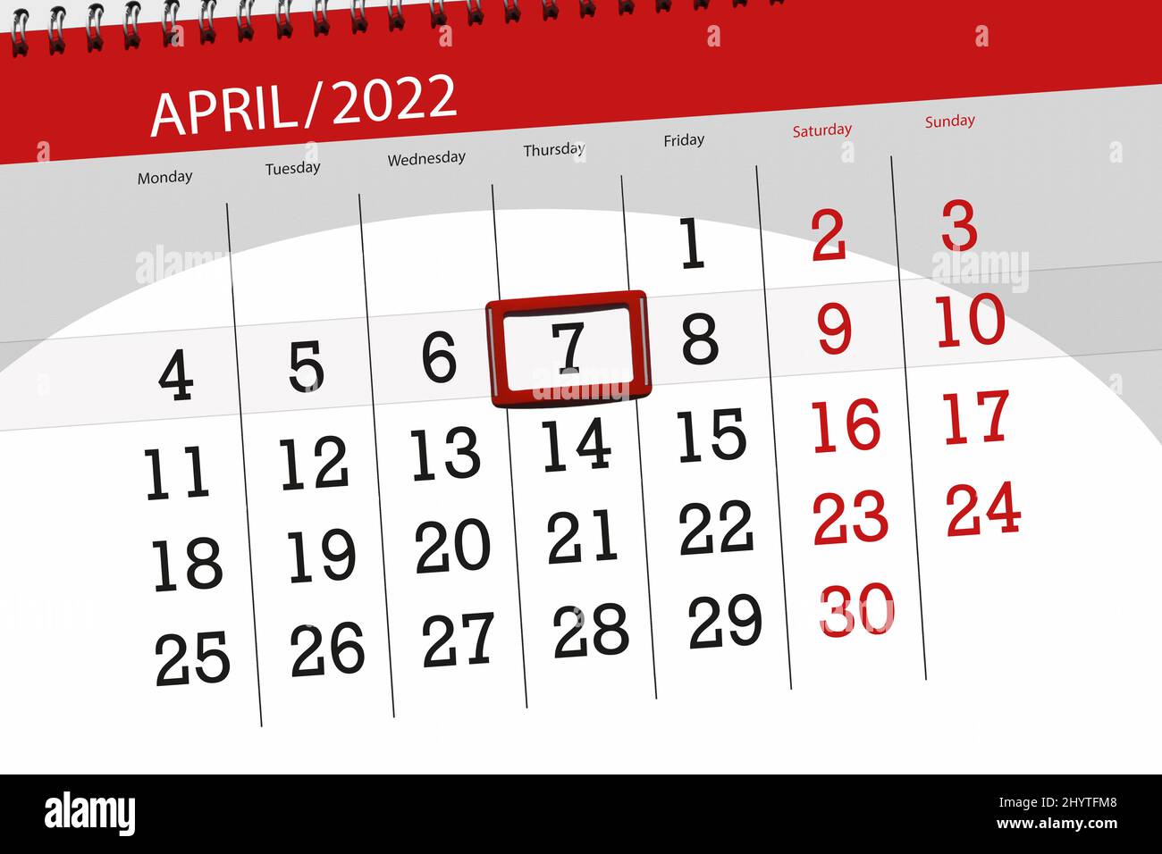 Calendrier pour le mois d'avril 2022, date limite, 7, jeudi Photo Stock ...