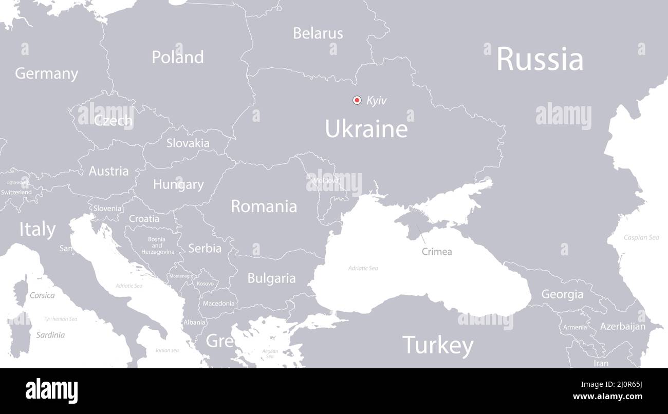 Carte de l'Ukraine avec États et noms voisins, gris sur fond blanc ...