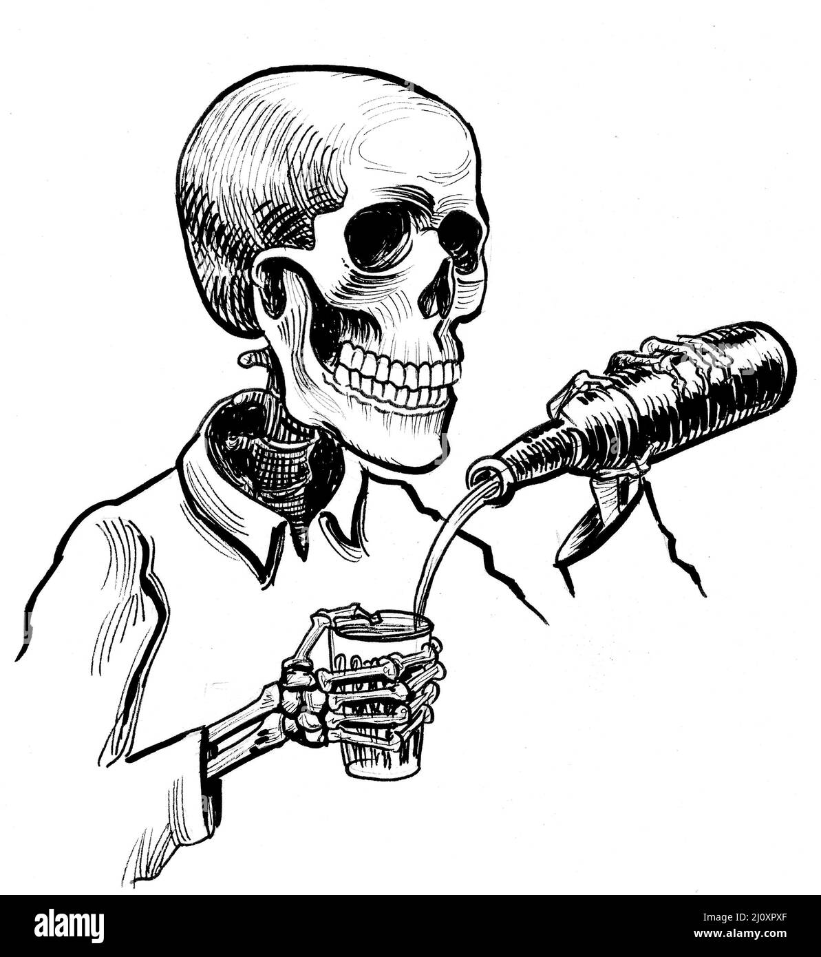 Squelette humain versant du vin dans le verre. Dessin noir et blanc ...