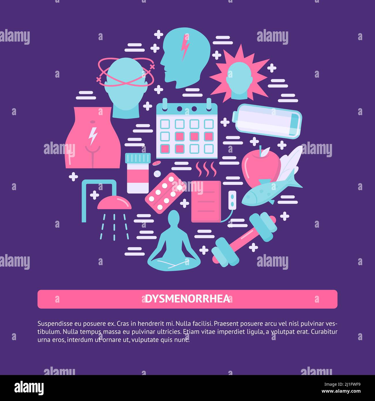 Bandeau de concept rond de douleur menstruelle de style plat. Symptômes ...