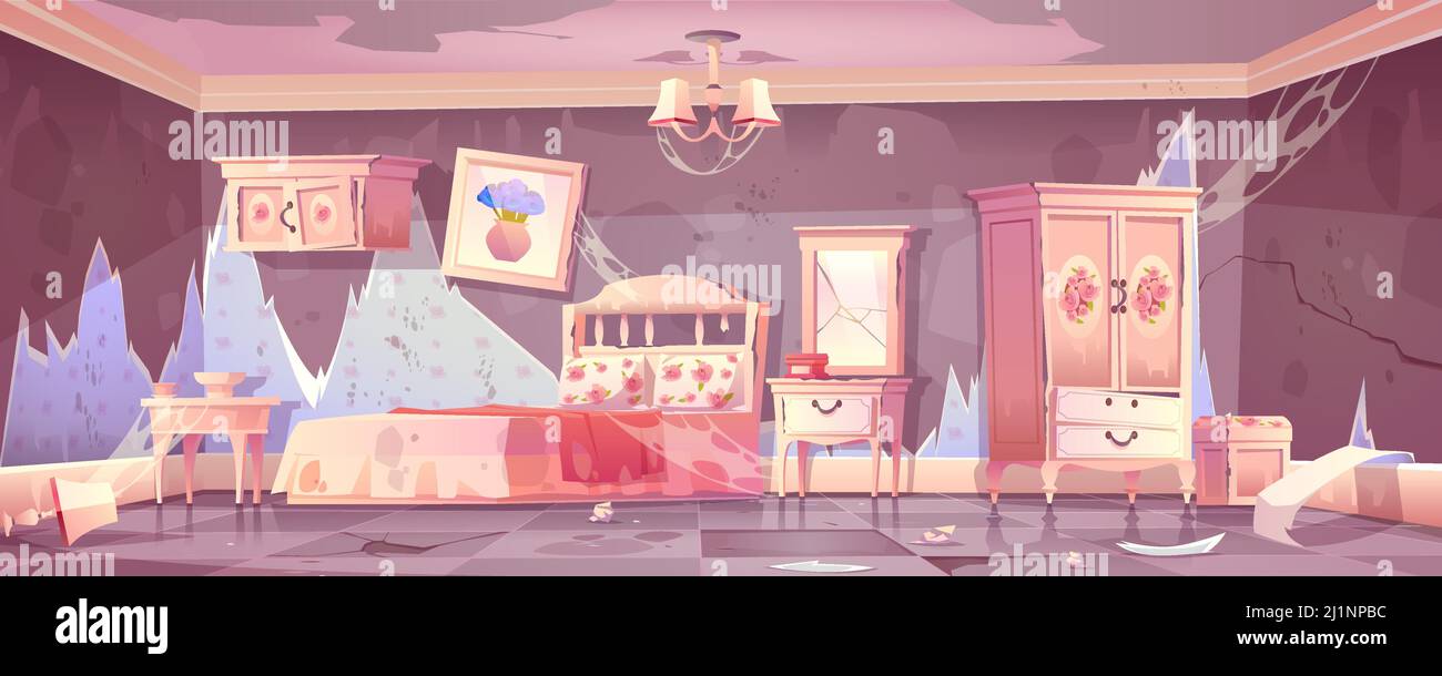 Chambre sale ancienne, style chic et chic avec des meubles cassés ...