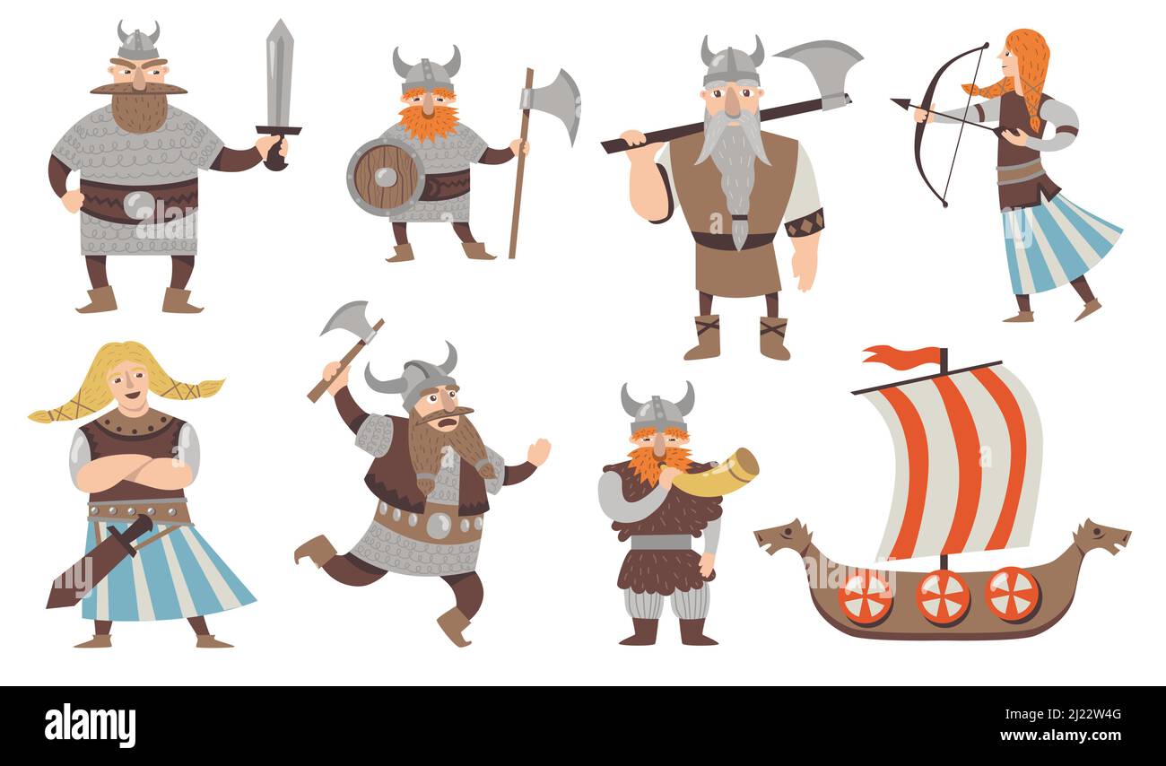 Ensemble de Vikings scandinaves. Personnage de dessin animé médiéval ...