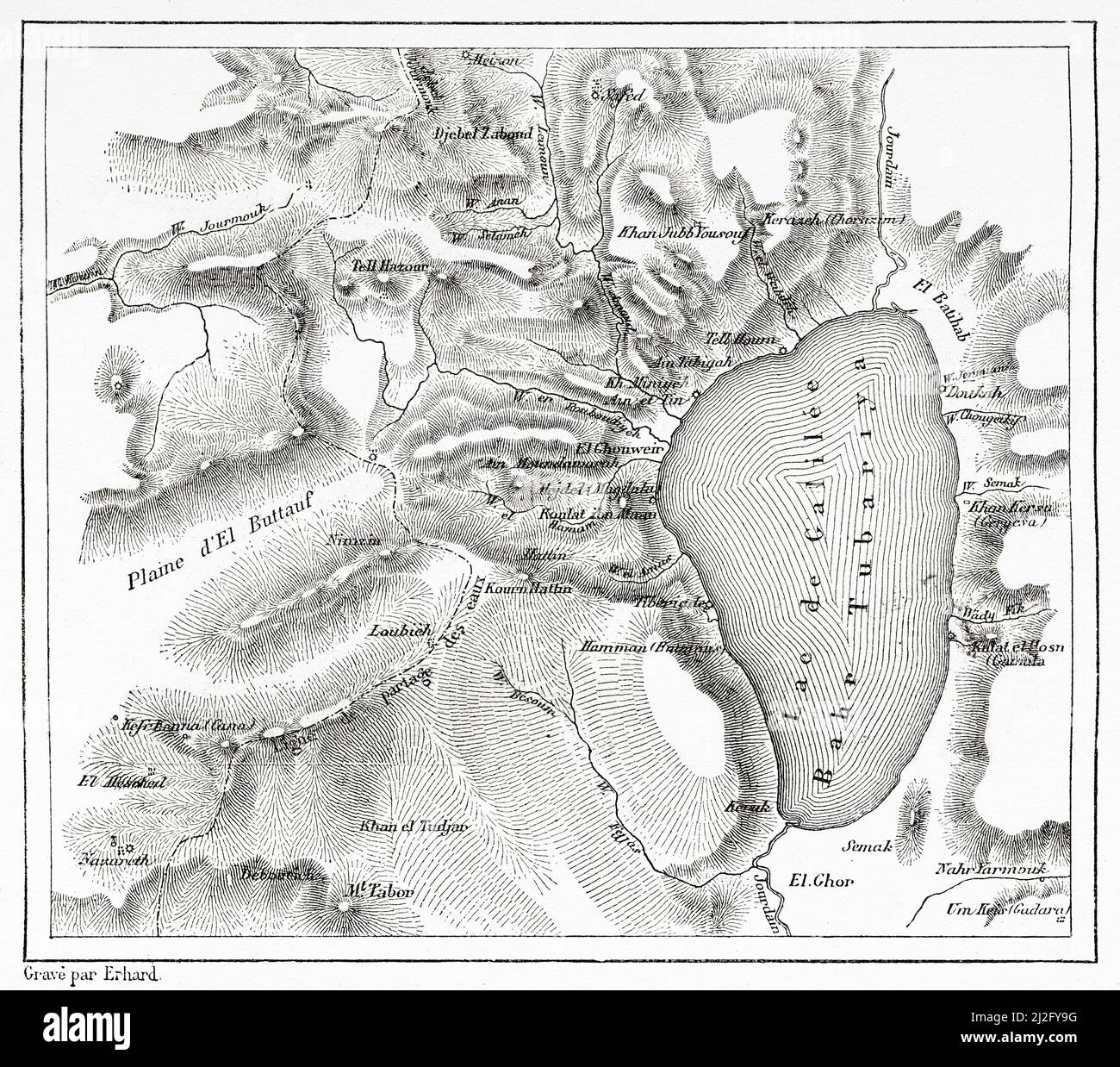 Ancienne carte de la mer de Galilée. Lac Tiberias. Israël, Moyen-Orient ...