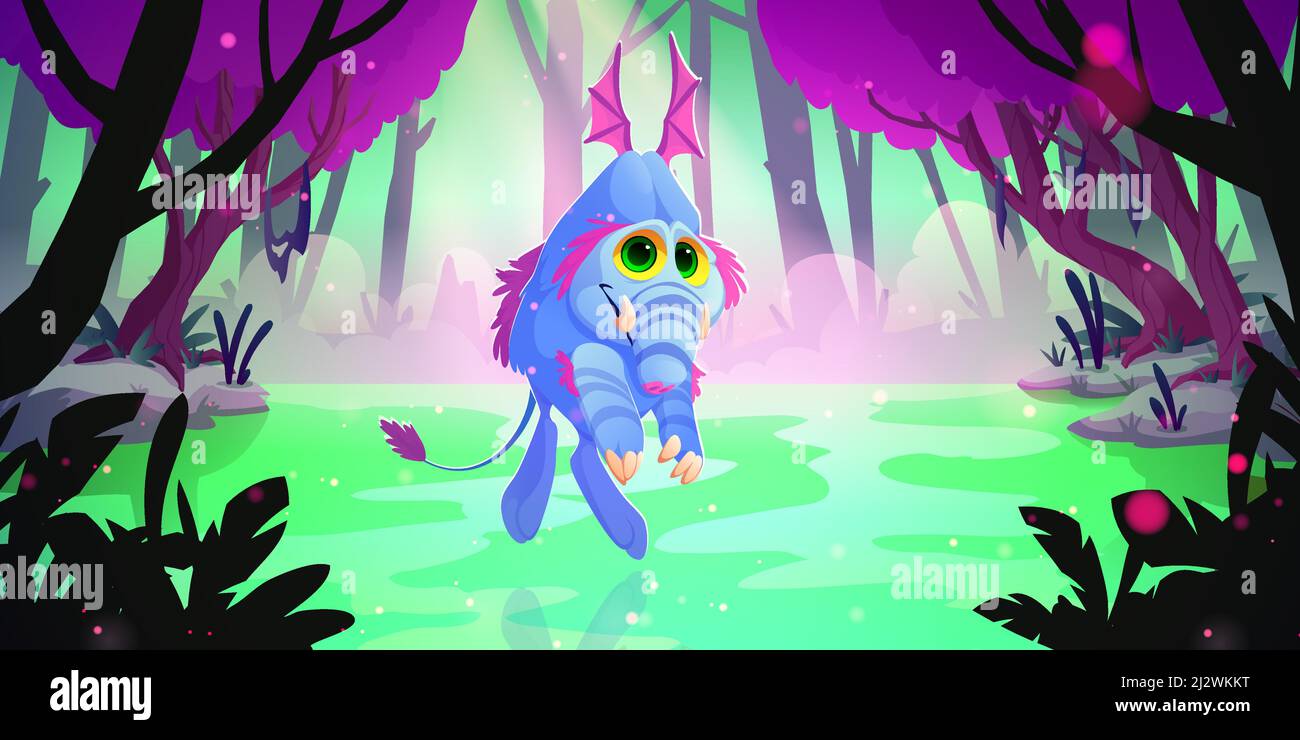 Fantasy monstre mignon volant dans la forêt avec marais. Scénario de ...