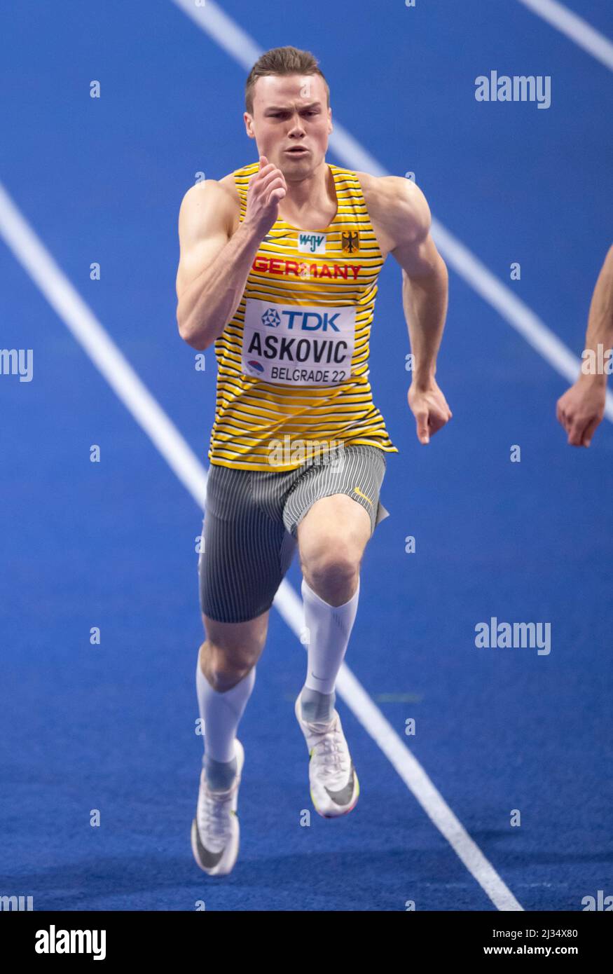 Aleksandar Askovic en compétition dans les 60m hommes chauffe le deuxième jour des Championnats ...