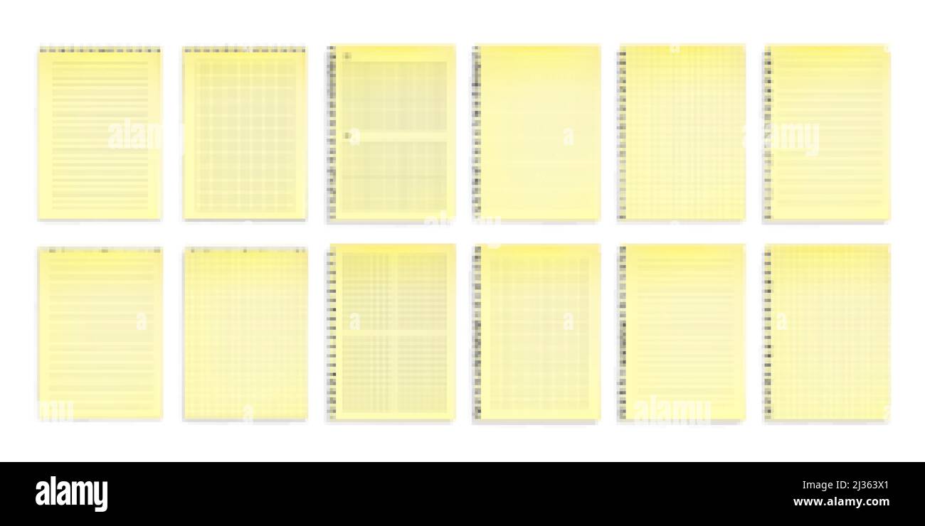 Bloc-notes avec papier jaune en lignes, points et grille carrée, vue du ...