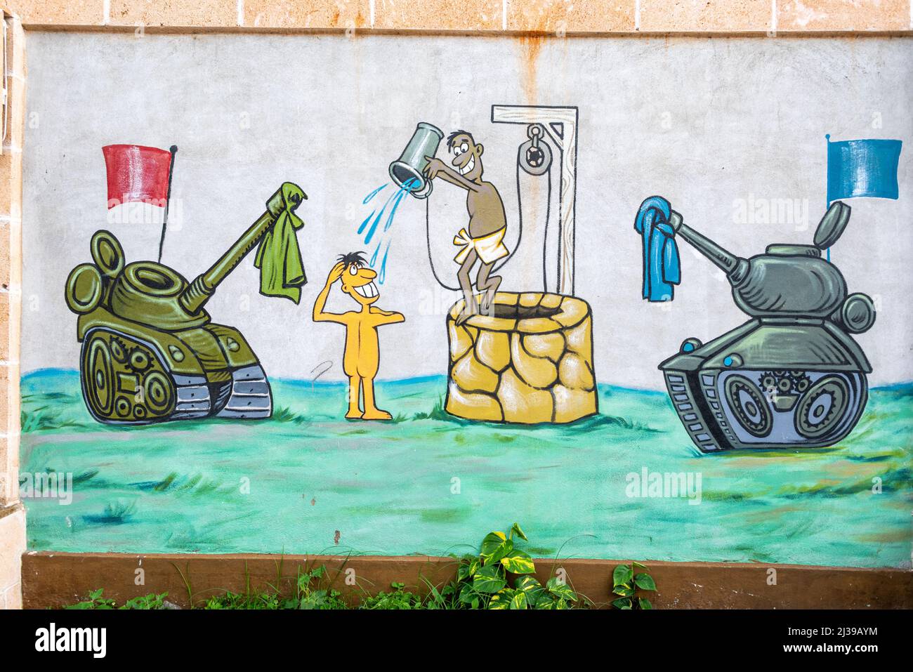 Les soldats ennemis prennent un bain dans un puits. Peinture sur le ...
