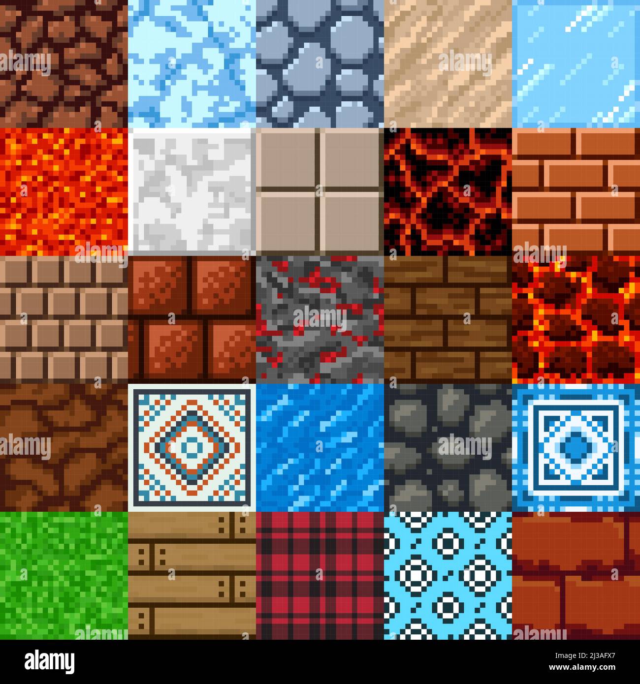 Jeu rétro 8 bits pixel art motifs de surface de jeu. Pierres vectorielles, sol, glace, lave et ...