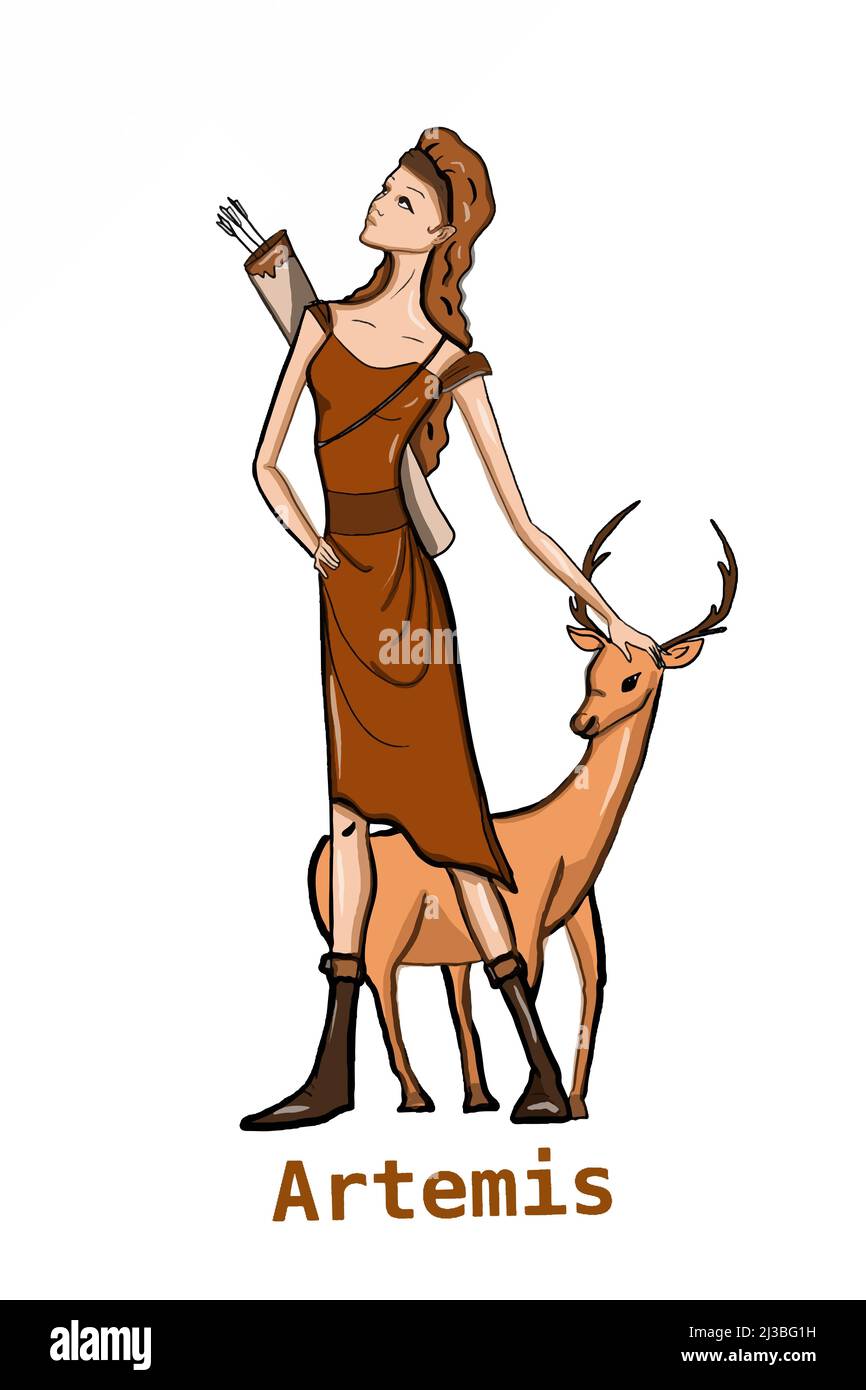Mythologie grecque Dieux, Artemis,illustration ,fond blanc,dessin de ...