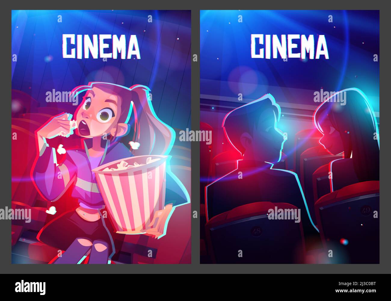 Affiches de cinéma avec le public dans la salle de cinéma.Fille avec ...