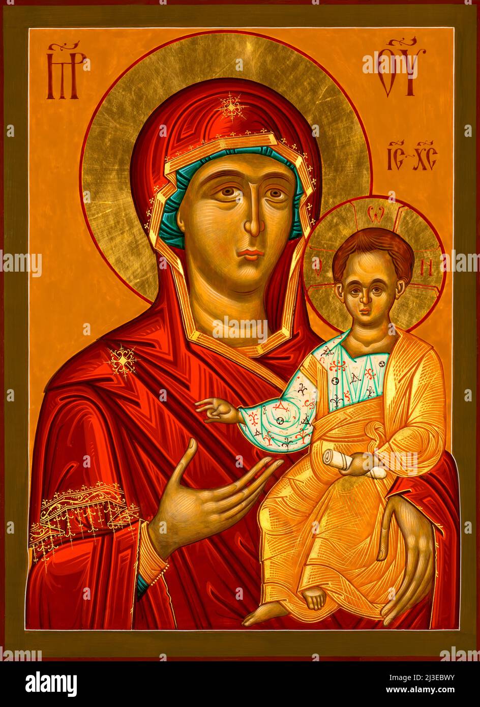 Icône peinte dans le style byzantin ou orthodoxe représentant la Vierge ...