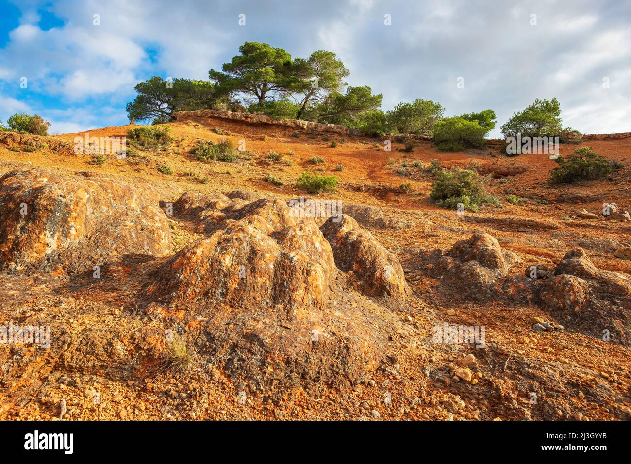 France, Hérault, Castelnau-de-Guers, paysage de terres rouges le long ...