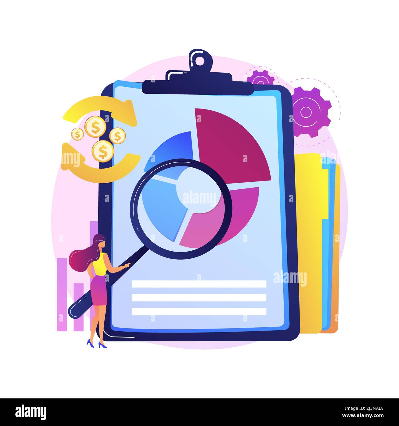 Analyse financière. Personnage de dessin animé homme avec loupe ...