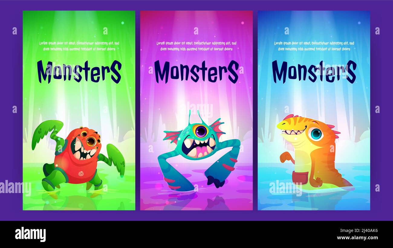 Affiches de dessin animé avec des monstres mignons, modèle de flyers d ...