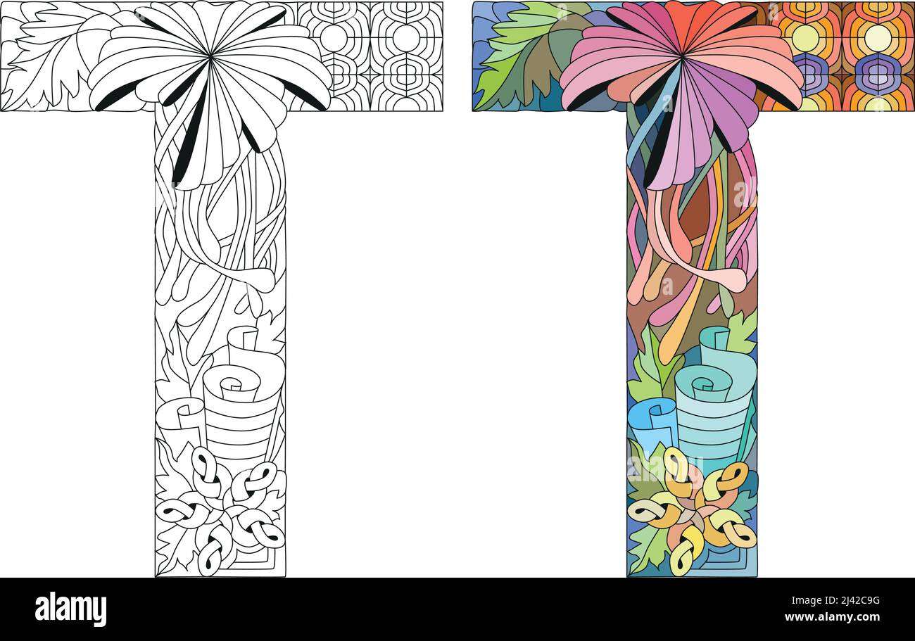 Lettre T de l'alphabet stylisé de Zentangle pour la coloration ...