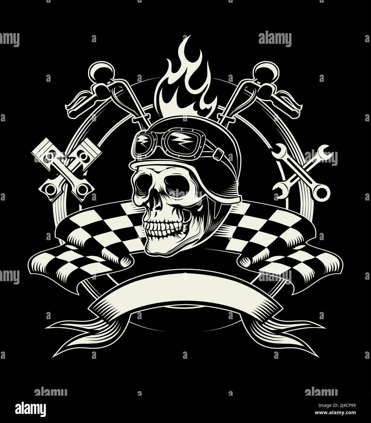 Emblème de motard vectoriel avec crâne ou coureur moto mort. Vélo de ...
